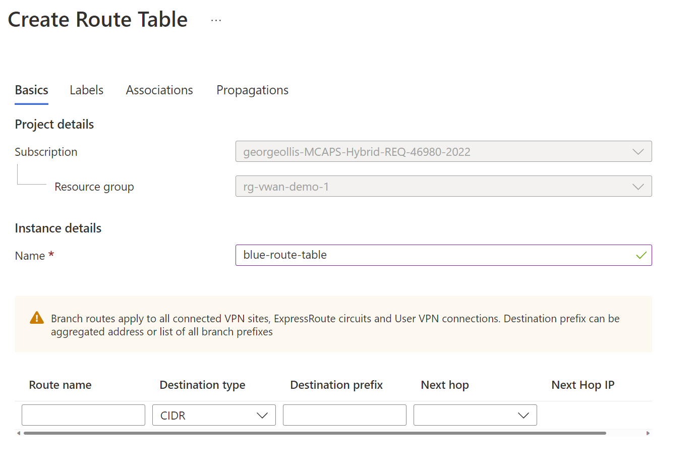 Azure VWAN routes, propagations and labels.