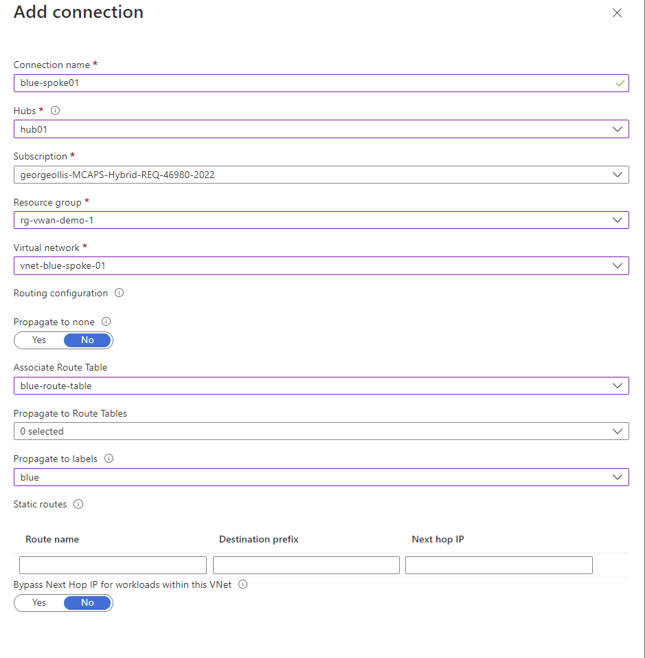 Azure VWAN routes, propagations and labels.
